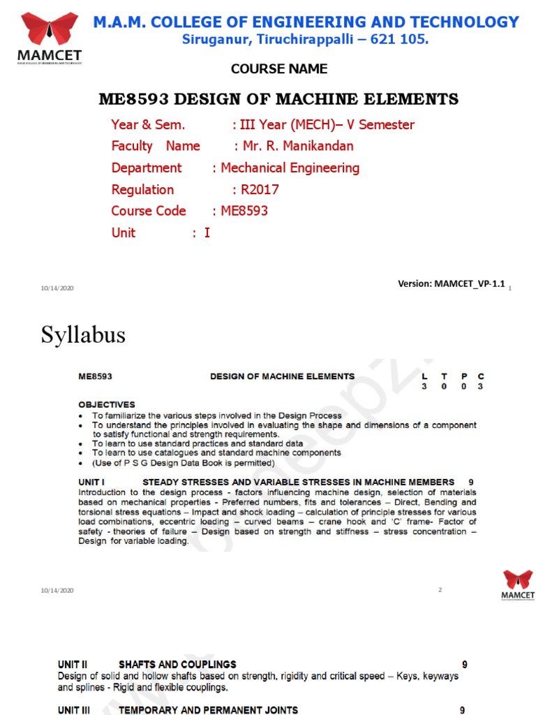 Me8593 Design Of Machine Elements M A M College Of Engineering And
