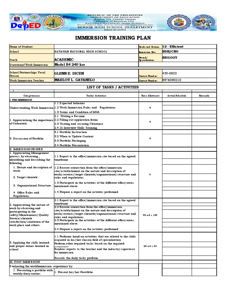 Immersion Training Plan: Academic Model B4 240 Hrs Glenn E. Dicen Marlou L. Gayanelo List of ...