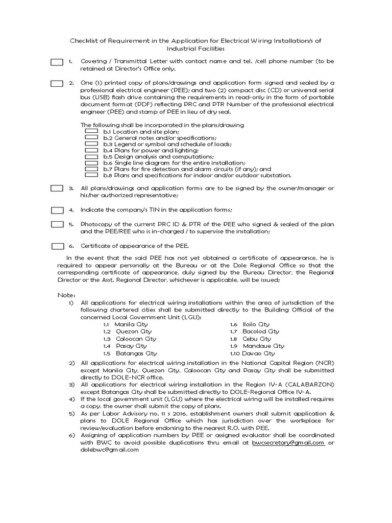 Checklist of Requirement in The Application For Electrical Wiring ...