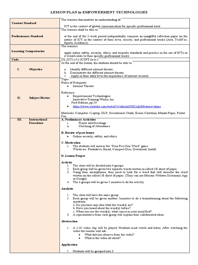 Lesson Plan in Empowerment Technologies: Content Standard | PDF ...