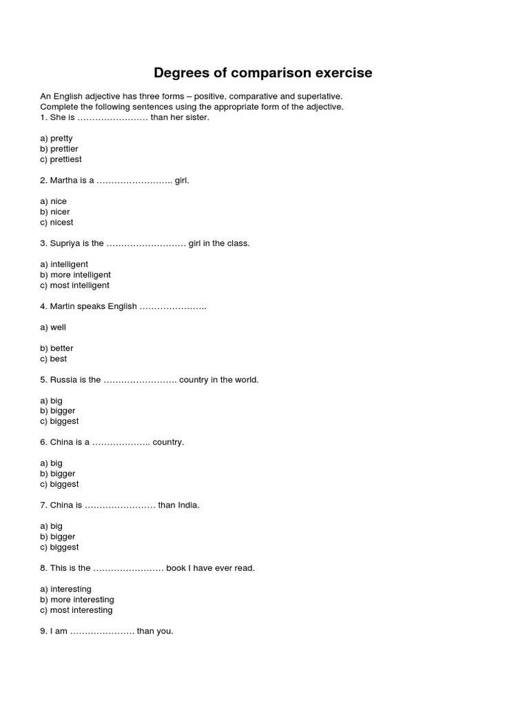 Degrees of Comparison Exercise | PDF