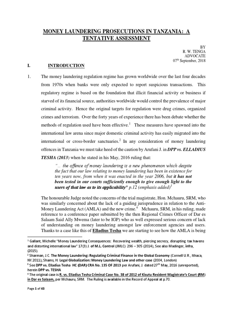 Ringo Tenga 2018 MONEY LAUNDERING PROSECUTIONS IN TANZANIA E.A. Law Rev ...