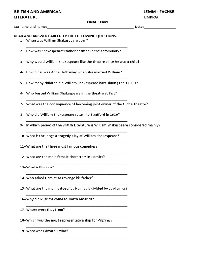 BRITISH AND AMERICAN Final Exam-2014 | Download Free PDF | William ...