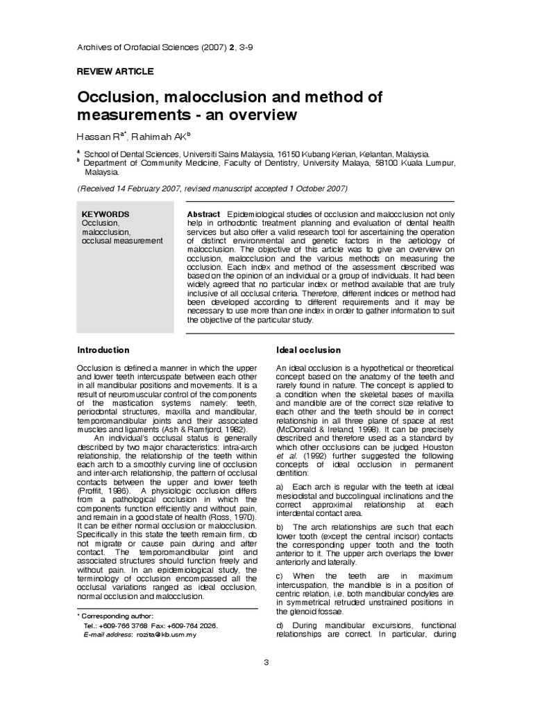 Hassan, R. & Rahimah, A.K. (2007) Occlusion, Malocclusion & Method of ...