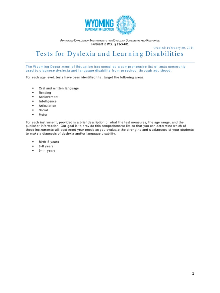 Tests For Dyslexia and Learning Disabilities: Created: February 20 ...