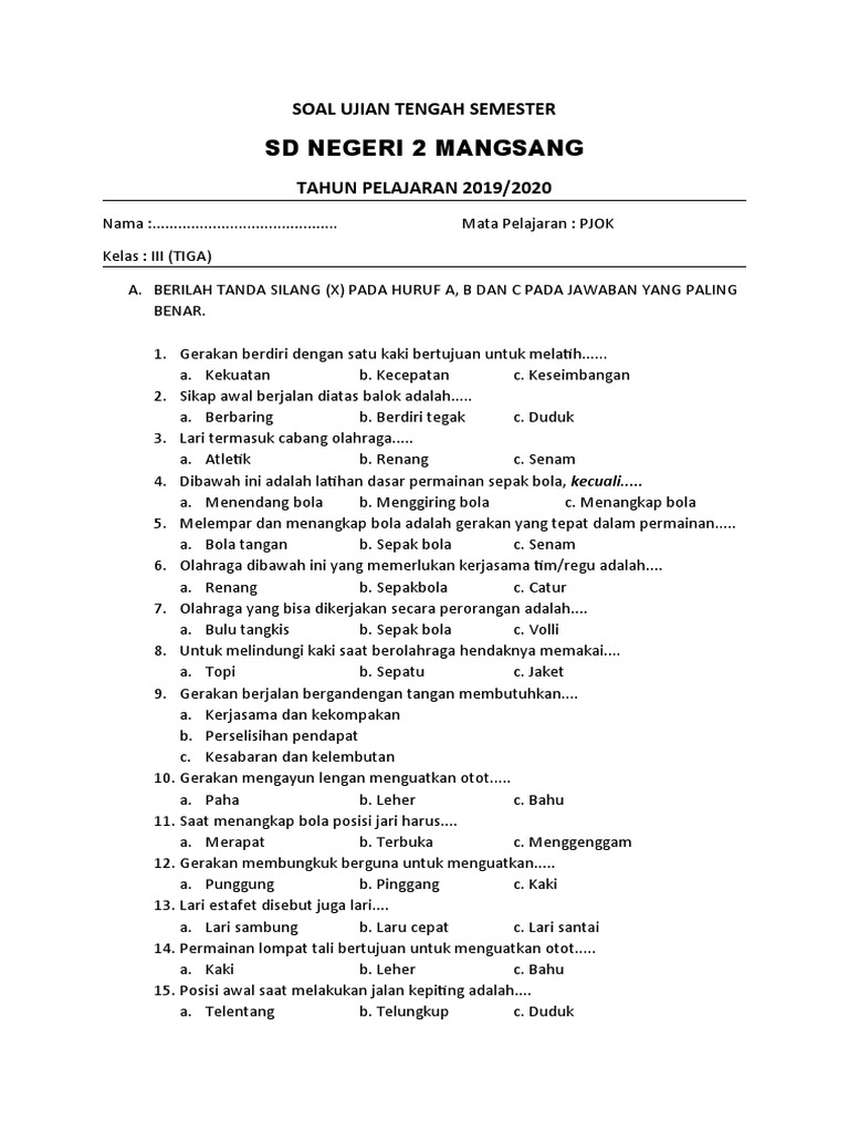 SOAL UTS PJOK KELAS 3 SEMESTER GANJIL After Editing | PDF