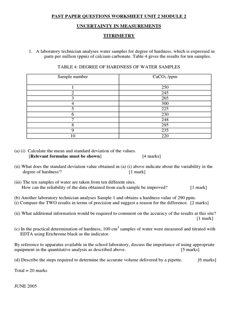 Past Paper Questions Uncert in Meas and Titrimetry | PDF | Titration ...