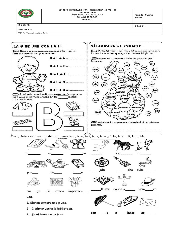Actividades De Combinaciones Bl Y Br Pdf