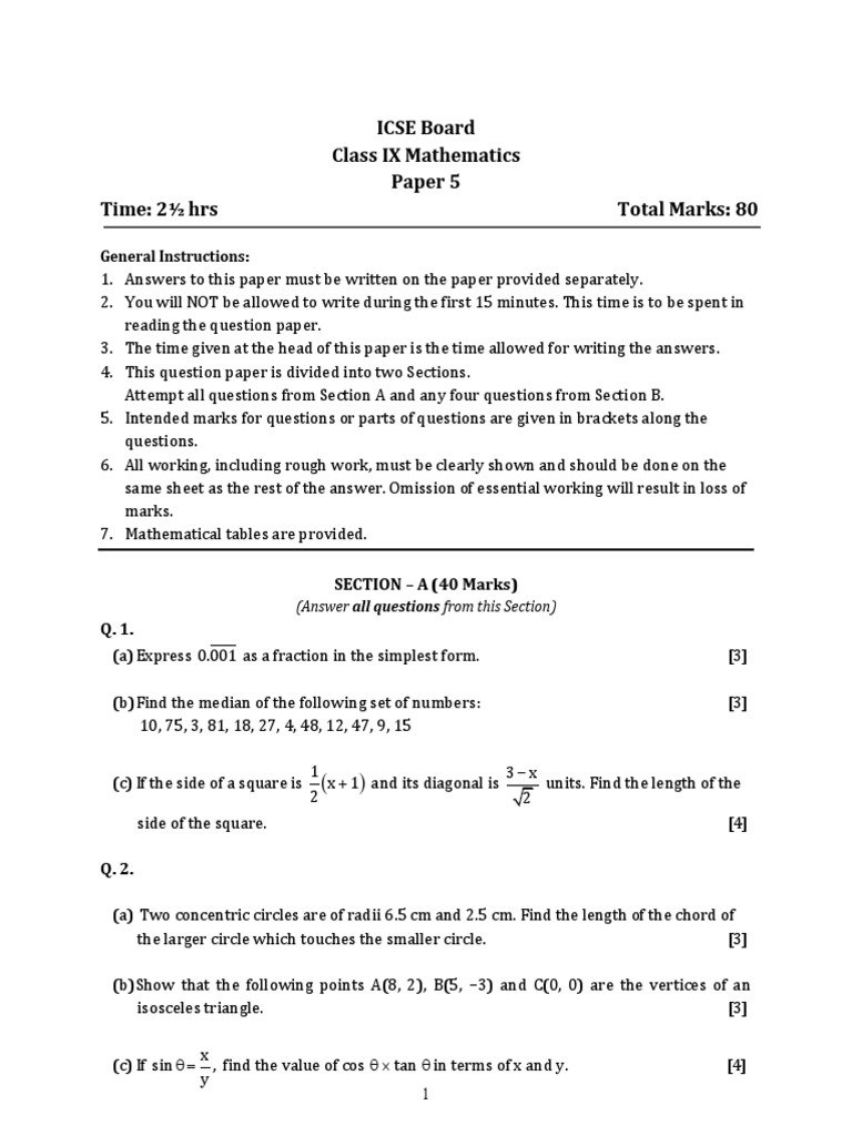Maths 9 Icse Sample Paper 5 | PDF | Rectangle | Elementary Geometry Maths 9 Icse Sample Paper 5 | PDF | Rectangle | Elementary Geometry