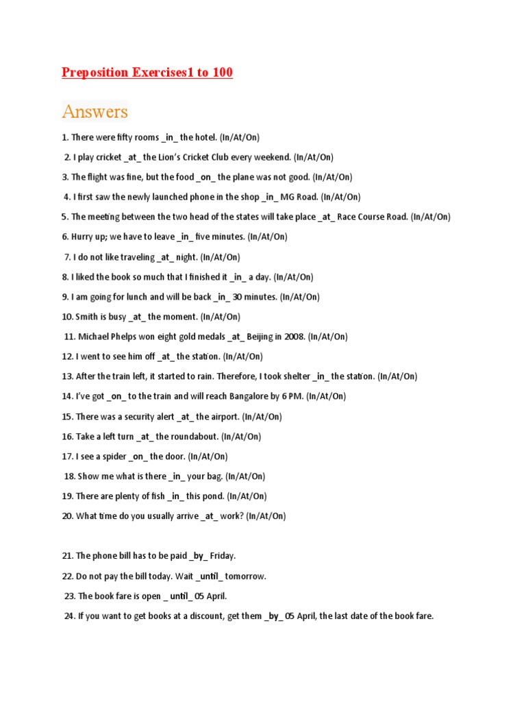 Answer - Preposition Exercises1 To 100 | PDF