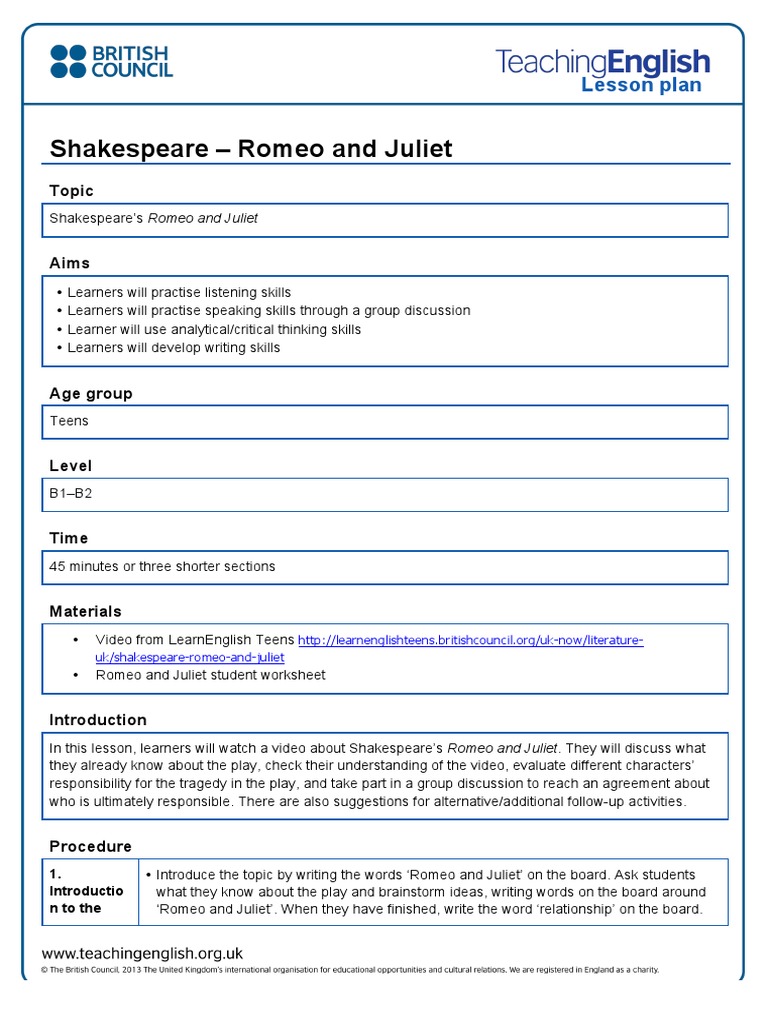 Romeo & Juliet Lesson Plan - 0 | PDF | Characters In Romeo And Juliet ...