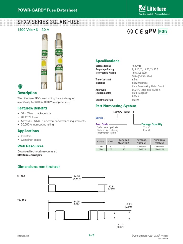 Datasheet Littelfuse - Fuse - Solar - SPXV - Datasheet, 1500V (EN ...