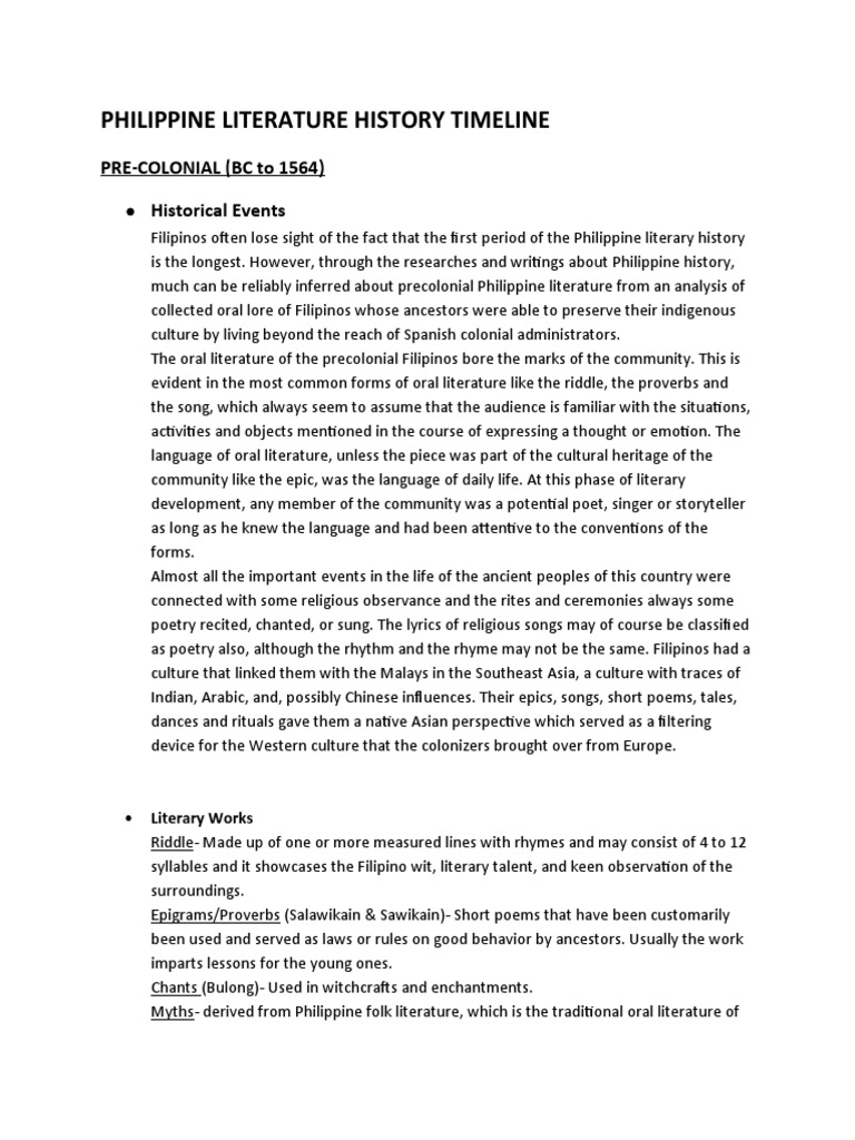 Philippine Literature History Timeline: Historical Events | PDF | Oral ...