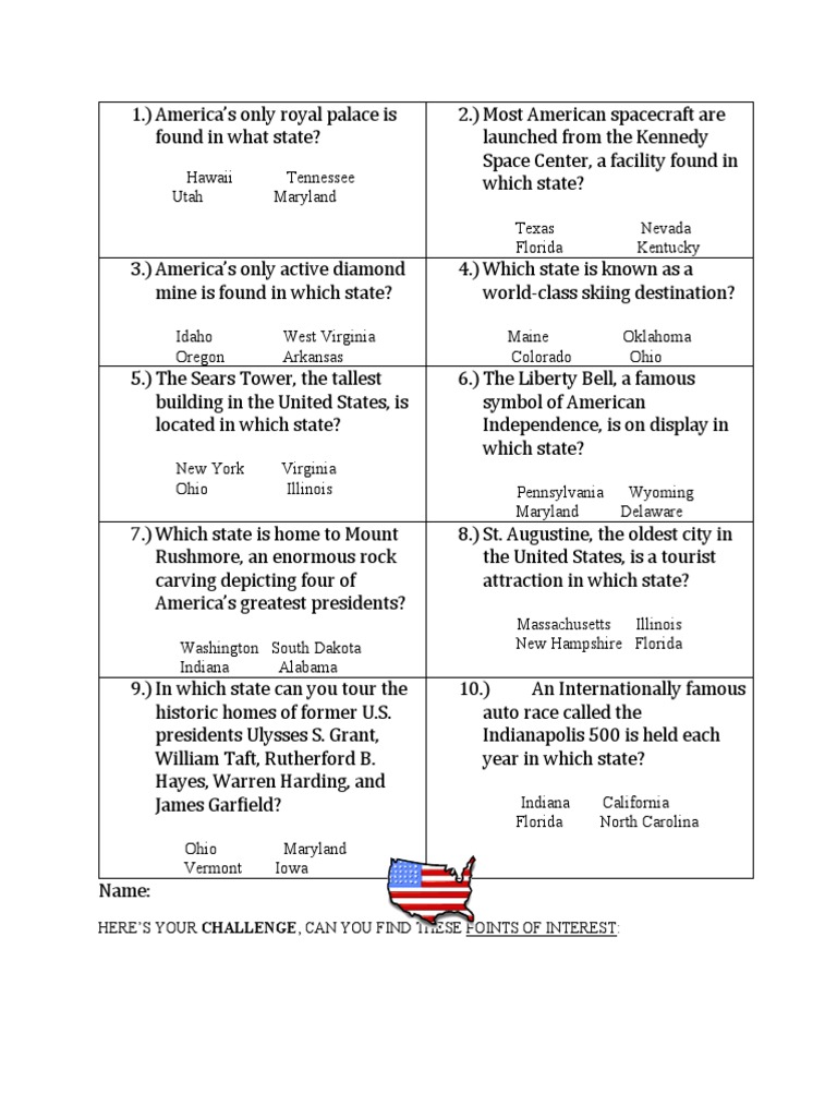 U.S. States and Their Unique Landmarks | PDF
