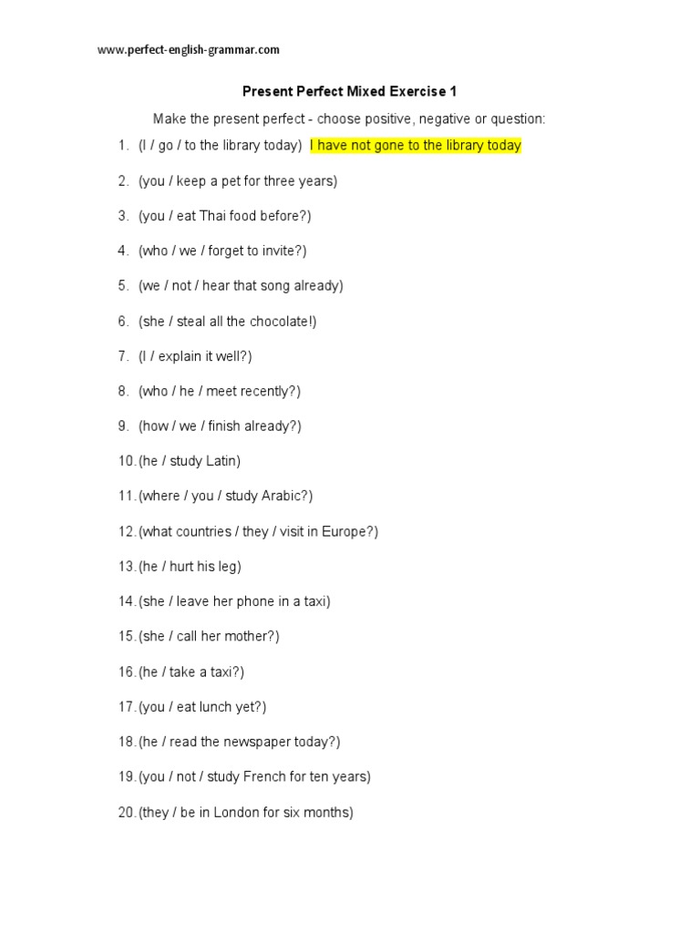 Present Perfect Mixed Exercise 1 | PDF