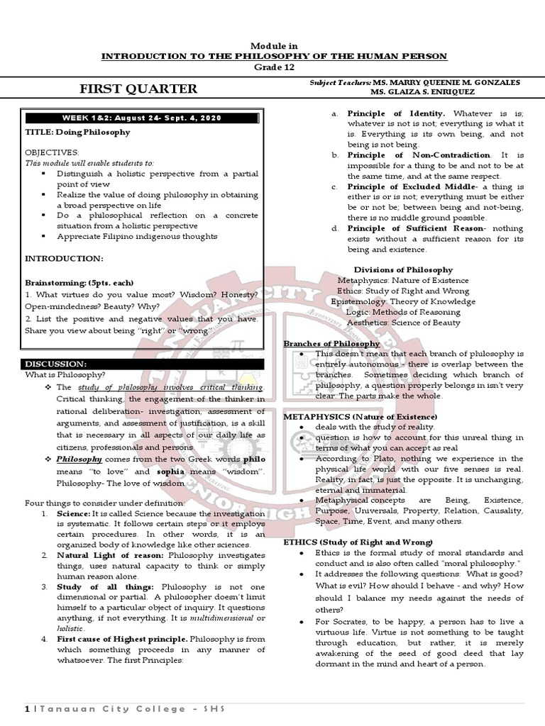 First Quarter: Module in Introduction To The Philosophy of The Human ...