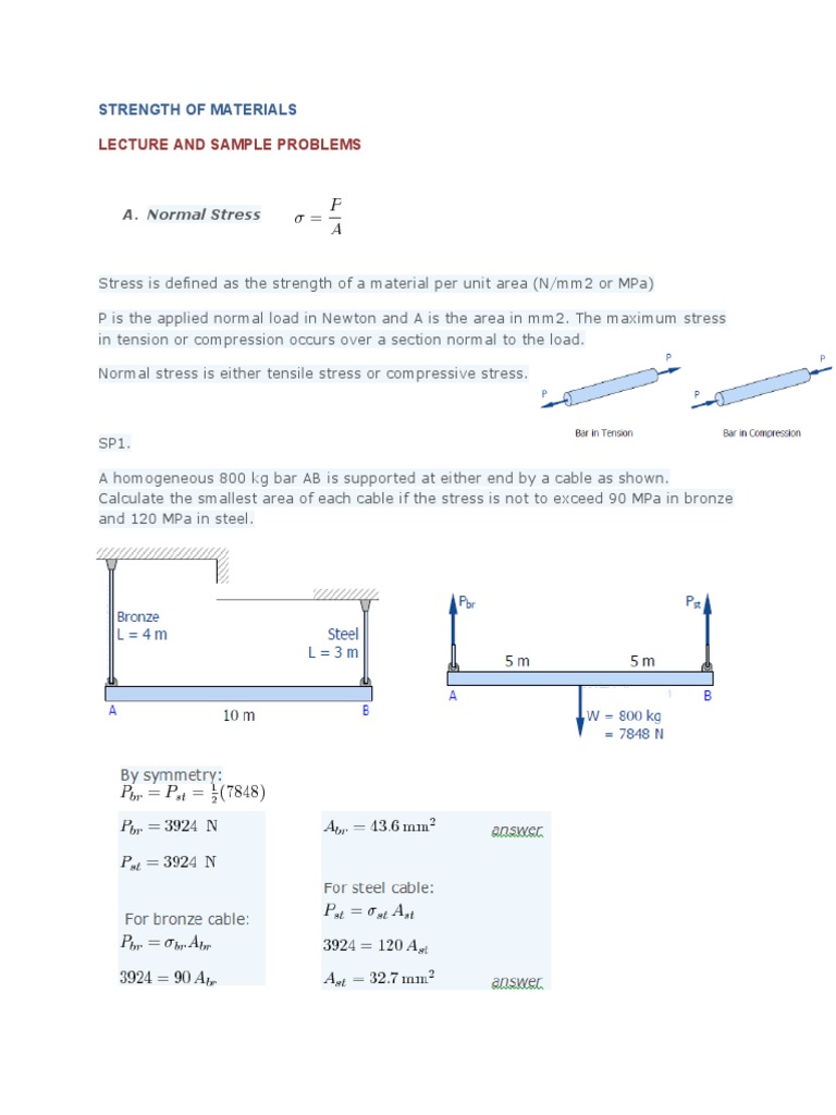Lecture and Sample Problems: Strength of Materials | PDF | Stress ...