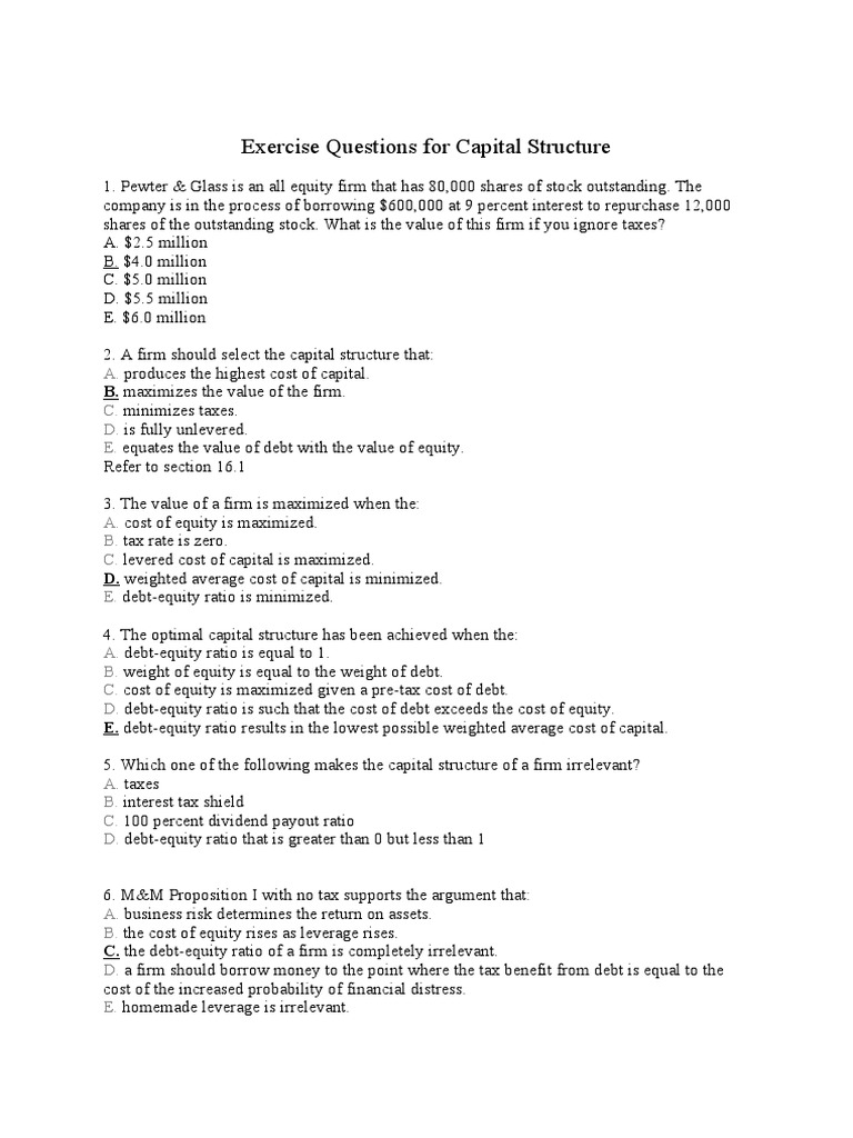 Exercise Questions For Capital Structure (Ans) | PDF | Capital ...
