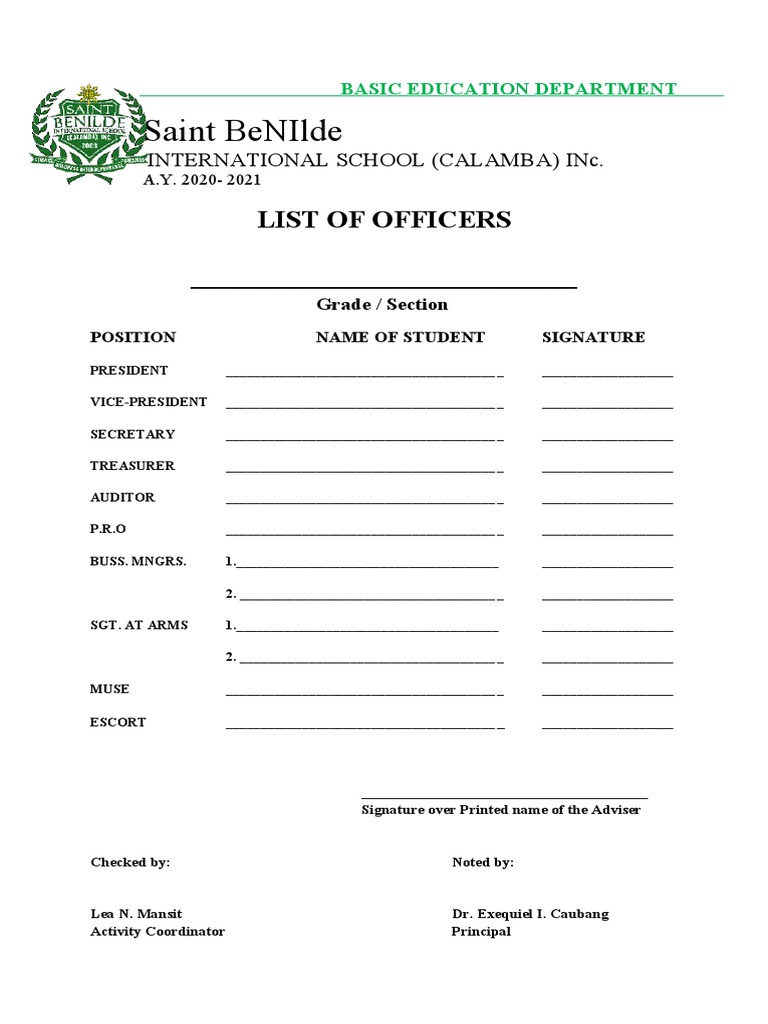 Saint Benilde: List of Officers | PDF