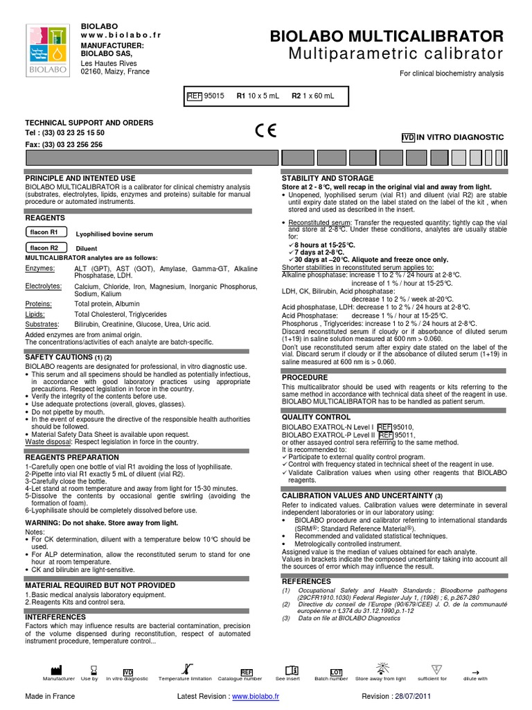 Multiparametric Calibrator: Biolabo Multicalibrator | PDF | Serum ...
