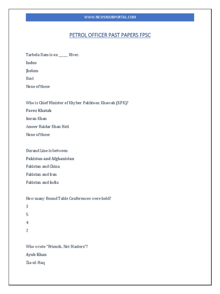 FPSC Petrol Officer Past Papers | PDF | Politics