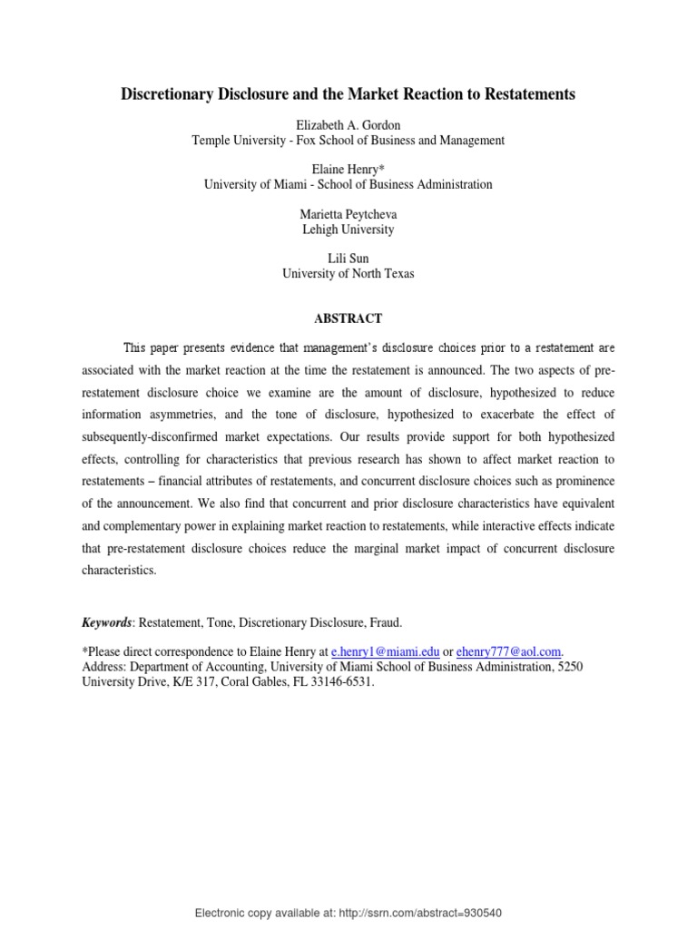 Discretionary Disclosure and The Market Reaction To Restatements | PDF ...