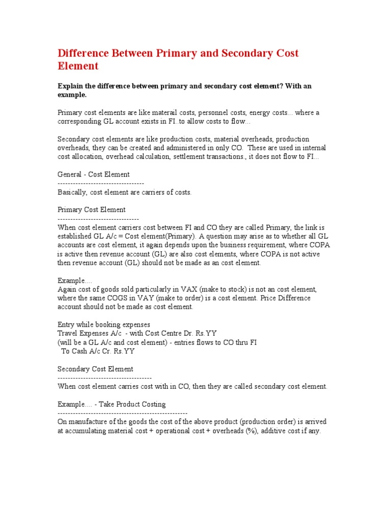 Difference Between Primary and Secondary Cost Element | PDF | Cost ...