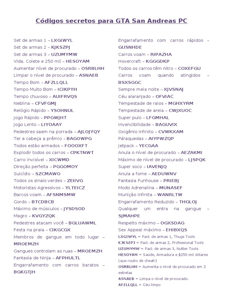 Codigos Secretos para GTA San Andreas PC PDF | PDF | Tráfego ...