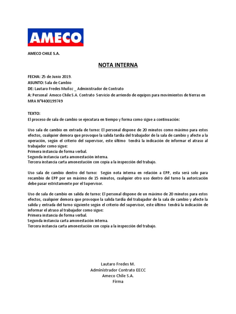 Nota Interna - Uso Sala de Cambio | PDF