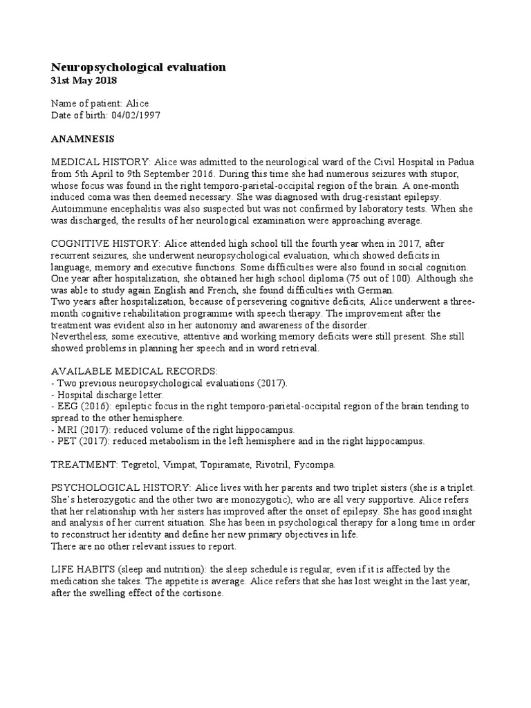Alice S Comprehensive Neuropsychological Report | PDF | Epilepsy ...
