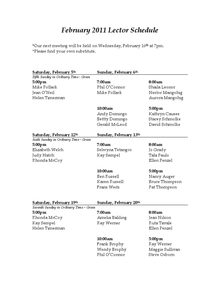 Lectors Schedule For February 2011 | PDF | Liturgical Calendar ...