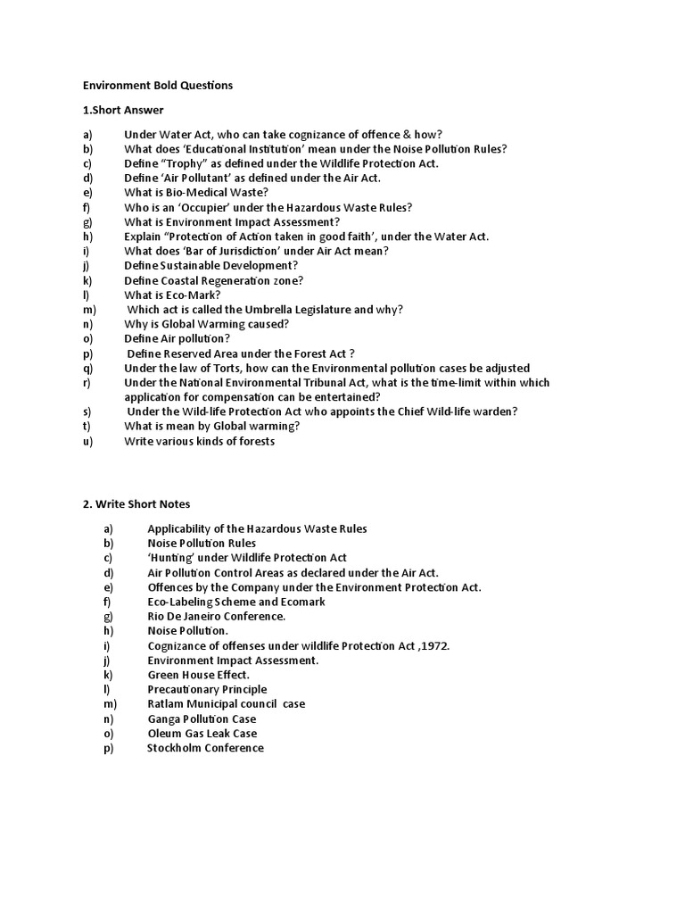 Environment Bold Questions | PDF | Pollution | Environmental Protection