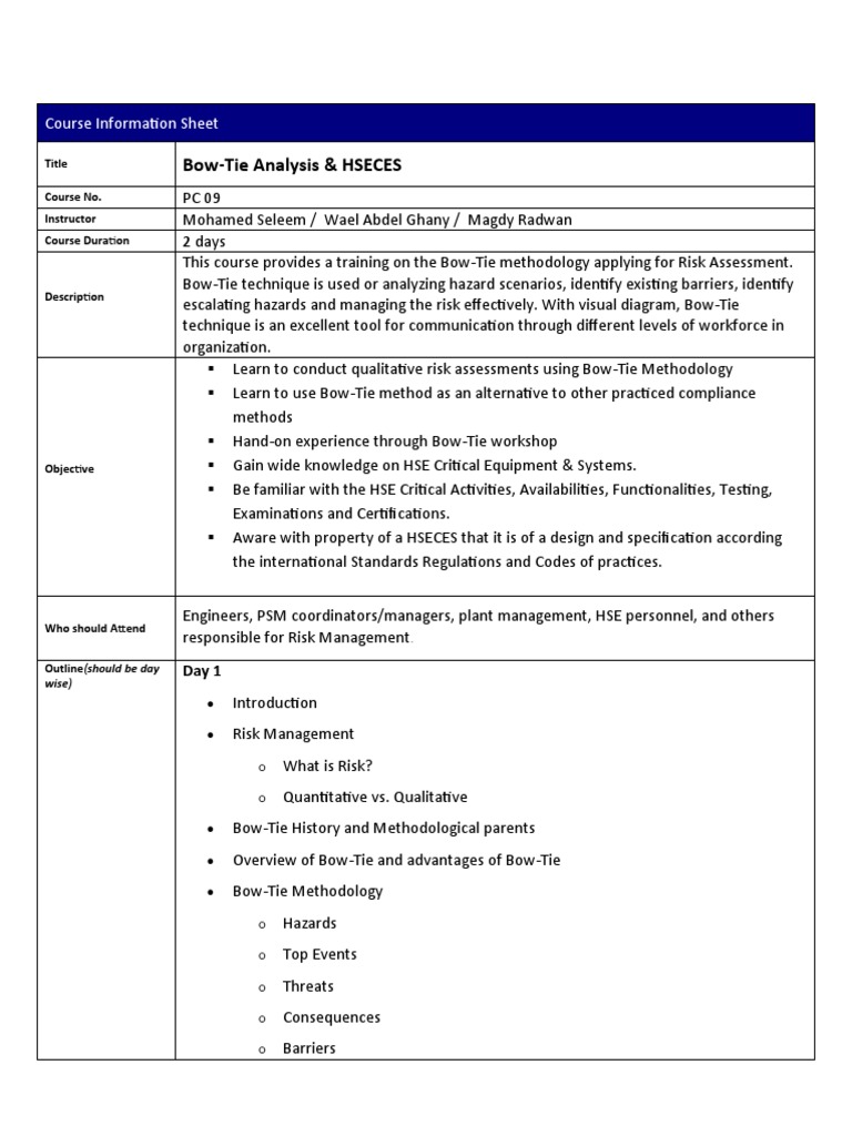 Bow-Tie Analysis & HSECES: Course Information Sheet | Download Free PDF | Risk Assessment | Risk ...