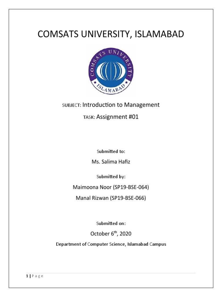 Comsats University, Islamabad: Introduction To Management Assignment ...