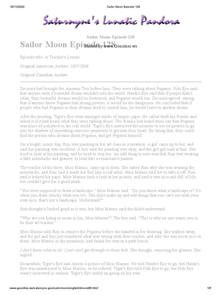 Sailor Moon Episode 128 A Teacher's Lesson | PDF