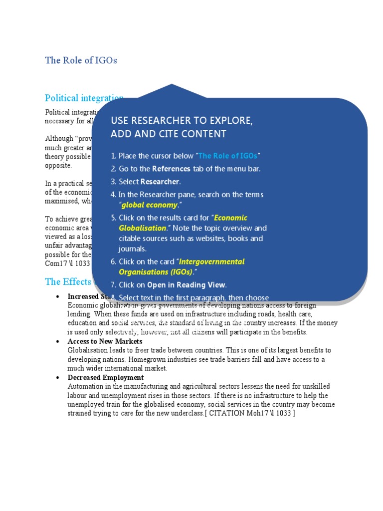 The Role of Igos: Political Integration | PDF | Free Trade | Business Cycle