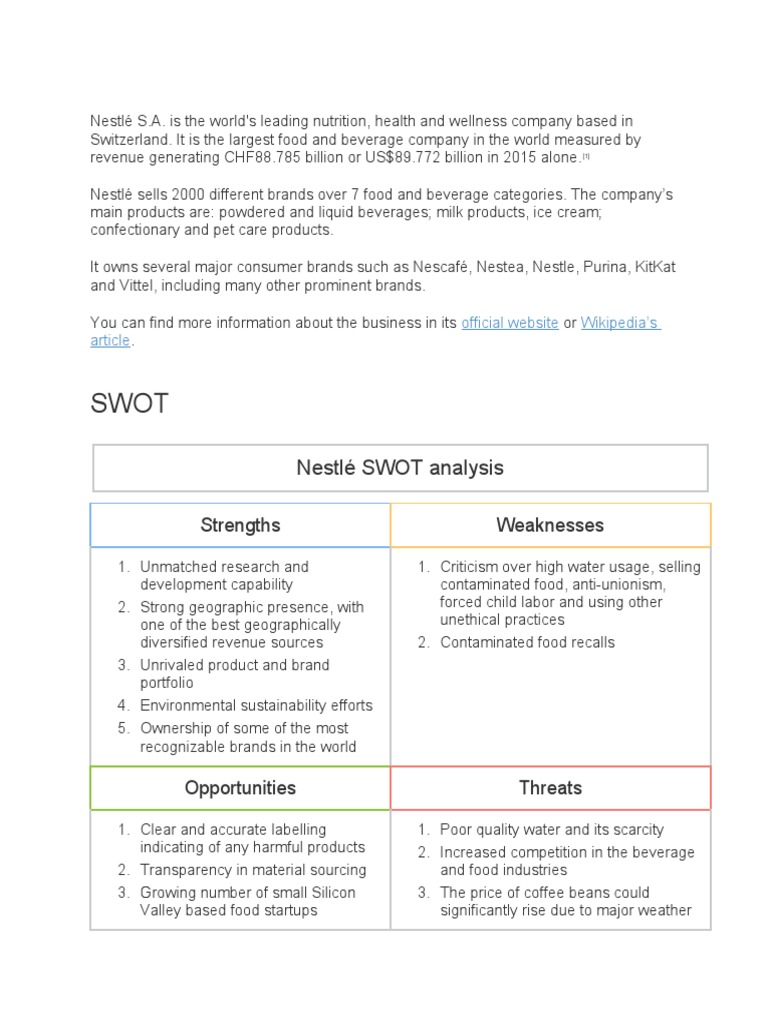 SWOT Analysis of Nestle | PDF | Nestlé | Coffee