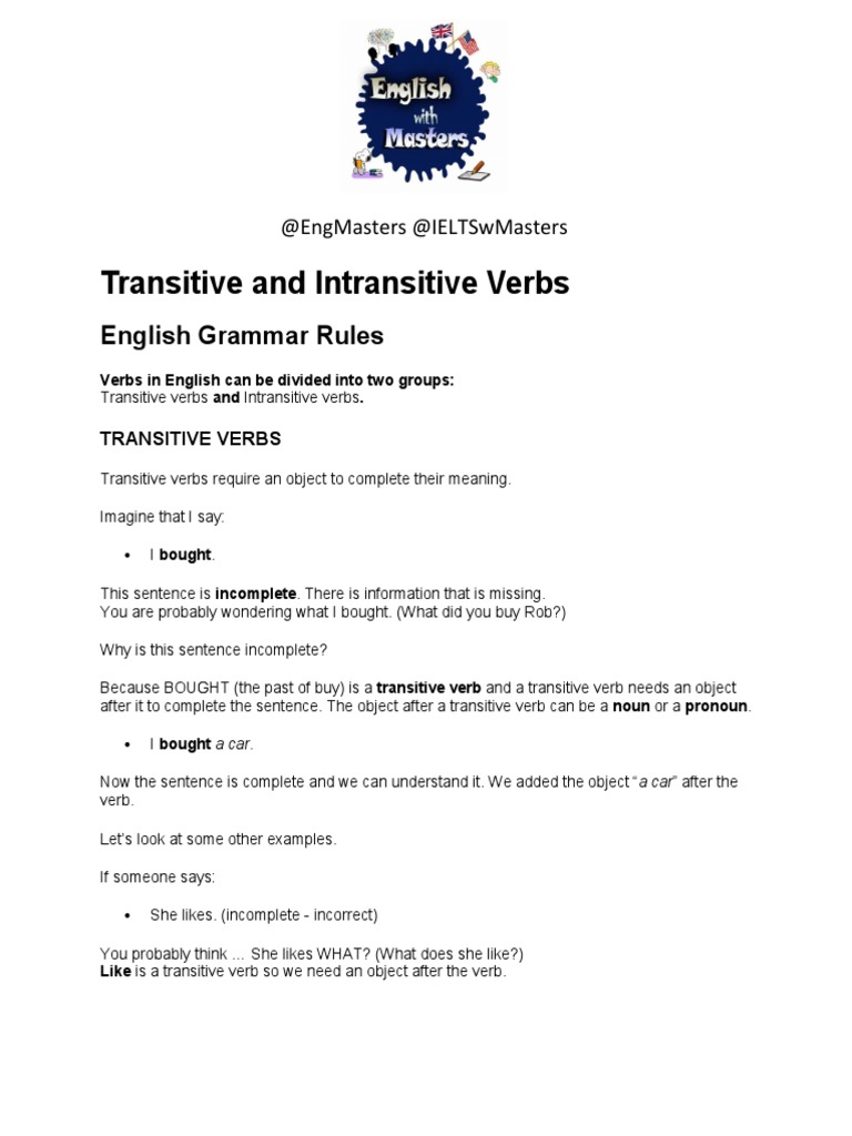 Transitive and Intransitive Verbs | PDF | Verb | Object (Grammar)