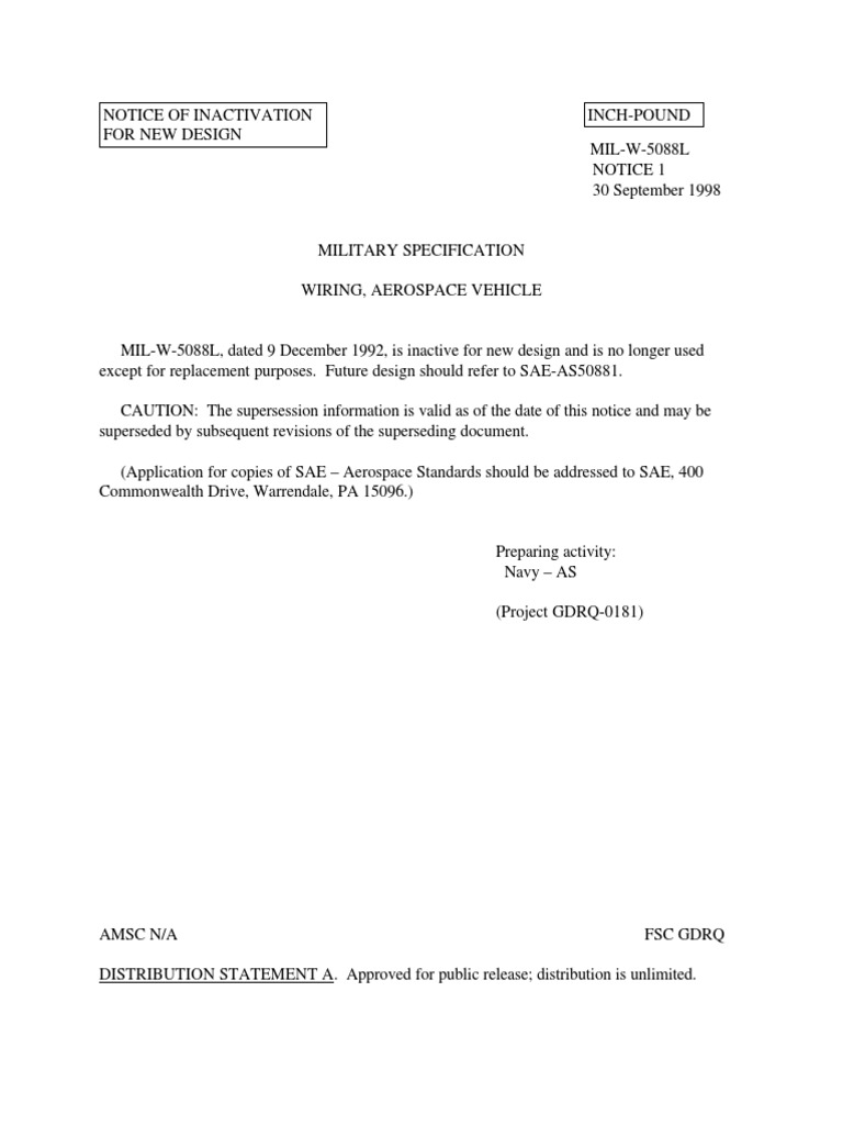 MIL-W-5088 - L (Wiring, Aerospace Vehicle) (Notice 1) | PDF