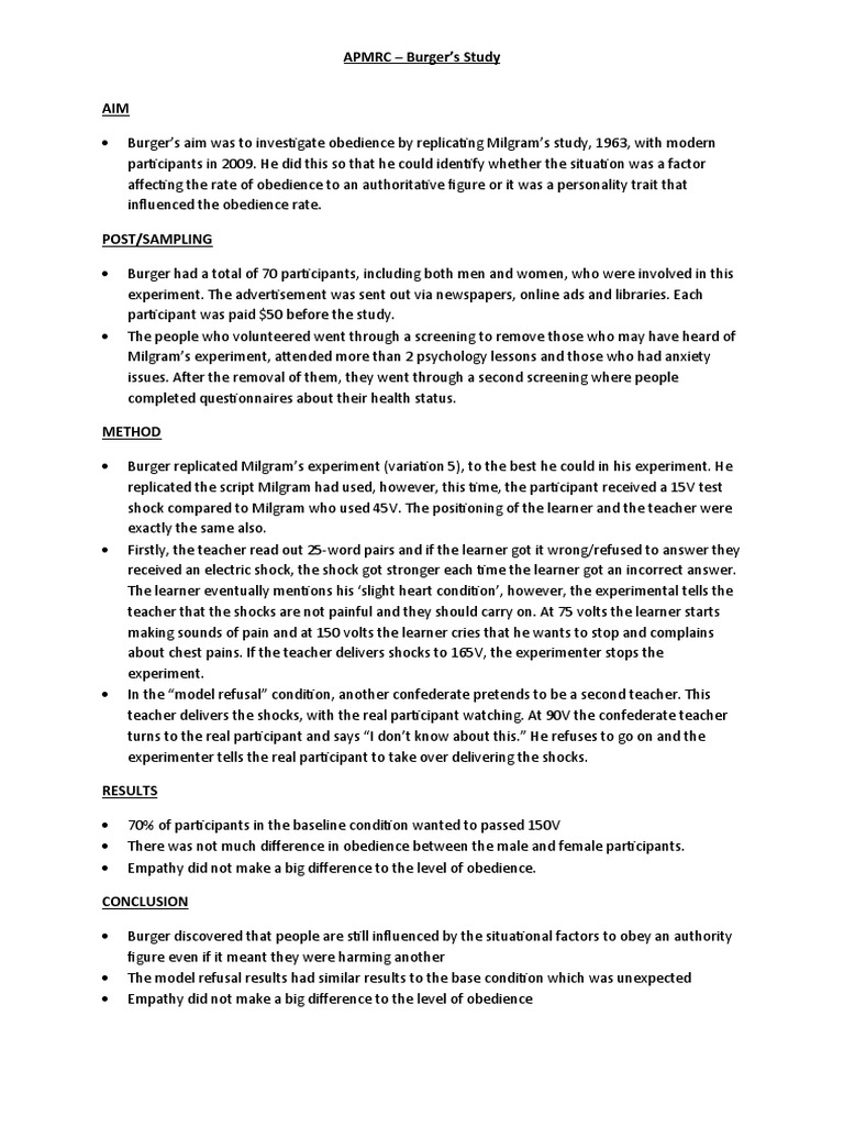 Burger's Study Evaluation | PDF | Obedience (Human Behavior) | Social ...