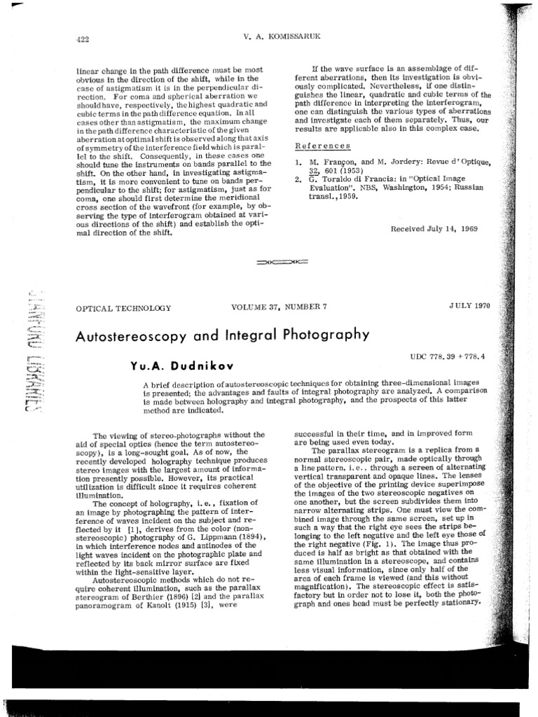 Autostereoscopy and Integral Photography: Yu.A. Dudnikov | PDF ...
