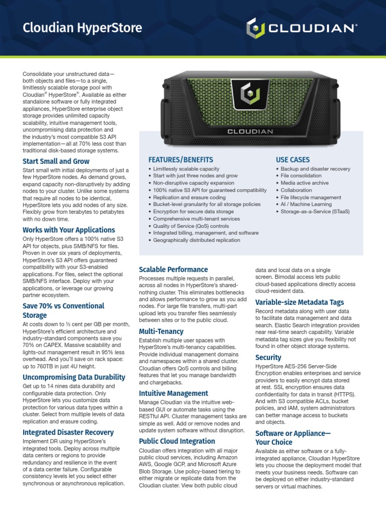 Cloudian Hyperstore: Features/Benefits Use Cases | PDF | Hard Disk Drive | Solid State Drive