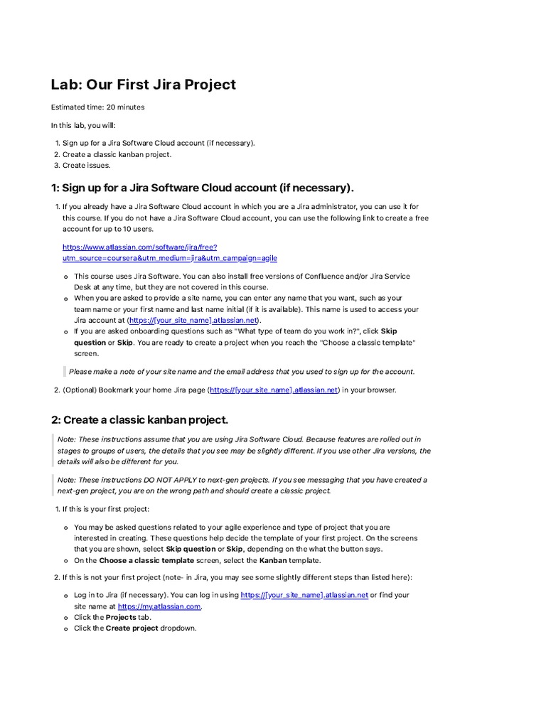 Lab: Our First Jira Project: 1: Sign Up For A Jira Software Cloud Account (If Necessary) | PDF ...