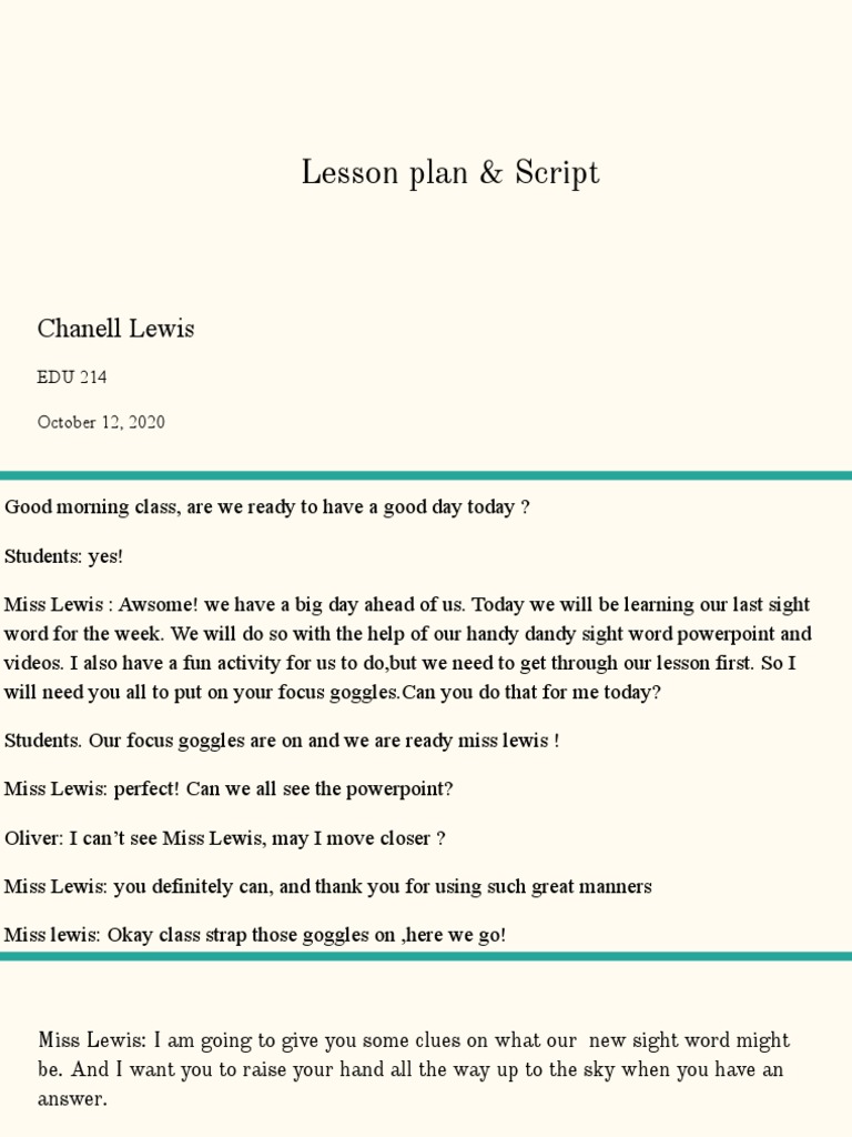 Lesson Plan & Script: Chanell Lewis | PDF