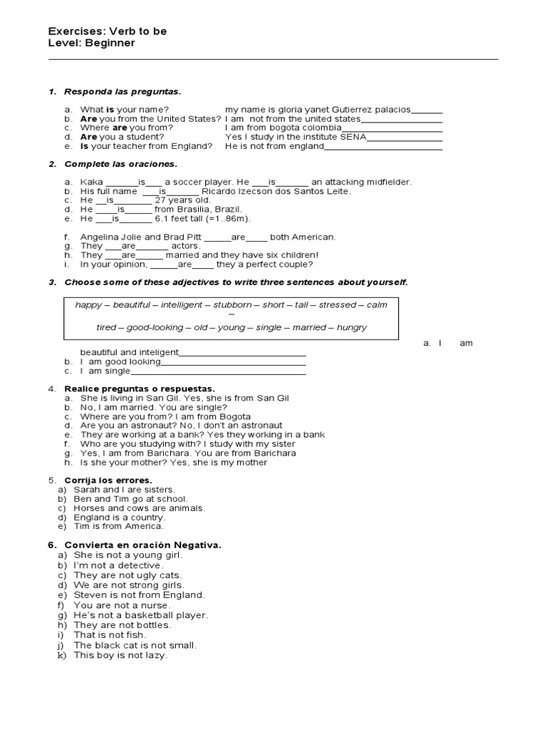 Beginner Exercises for Verb "To Be" | PDF | Language Arts & Discipline