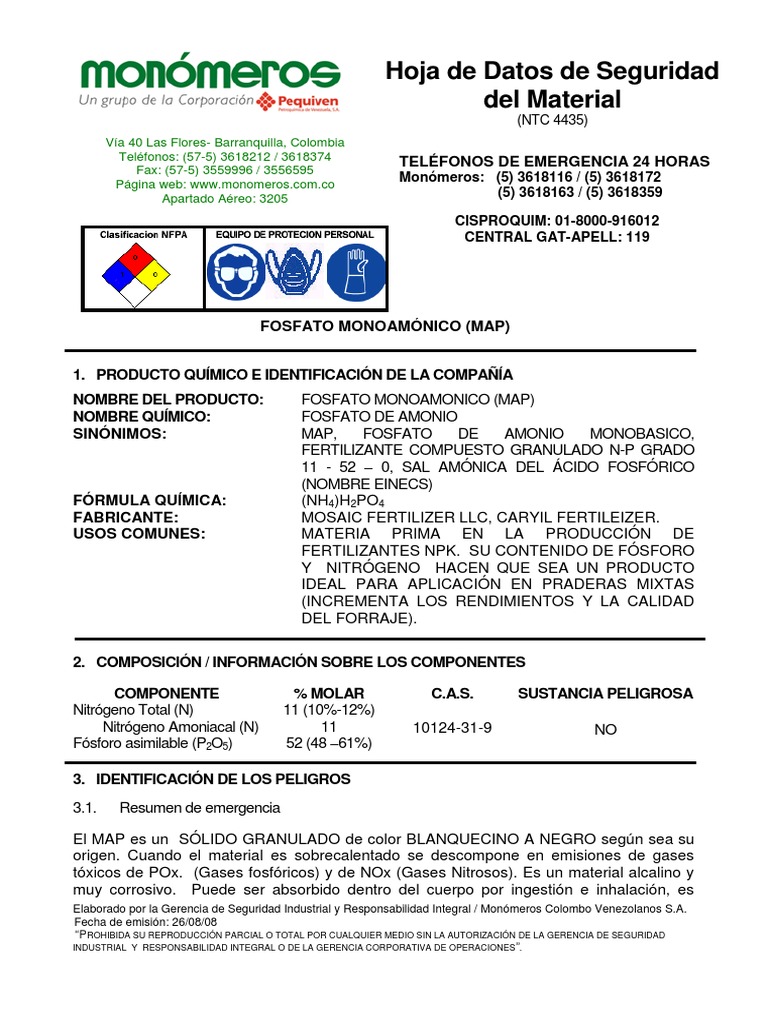 Hoja de Seguridad Fertilizante Map Granulado | PDF | Fertilizante ...