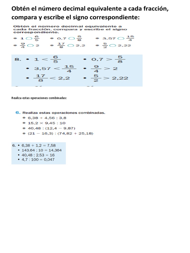 Obtén El Número Decimal Equivalente A Cada Fracción | PDF