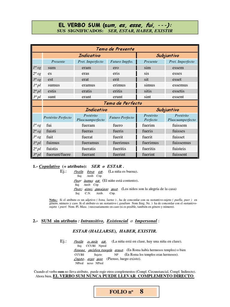 FOLIO 8A - El Verbo SUM (Conjugación y Significados) | PDF | Verbo ...