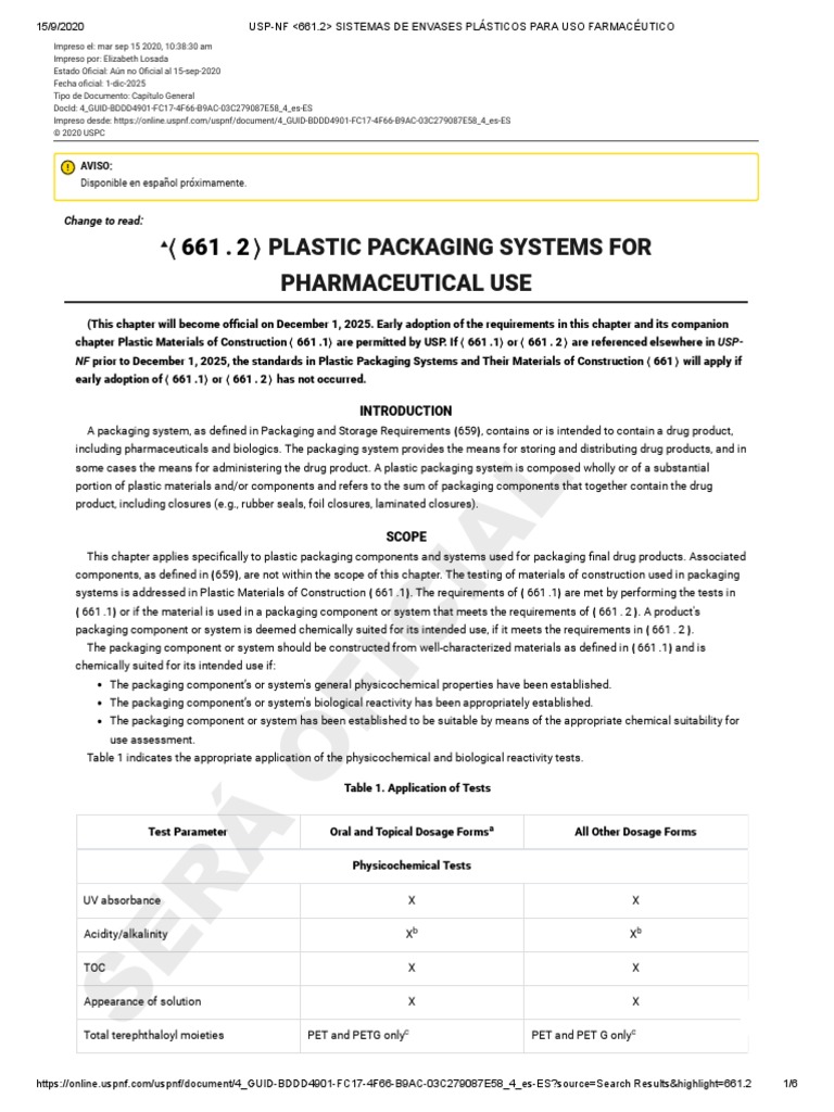 Usp-Nf - 661.2 - Sistemas de Envases Plásticos para Uso Farmacéutico ...