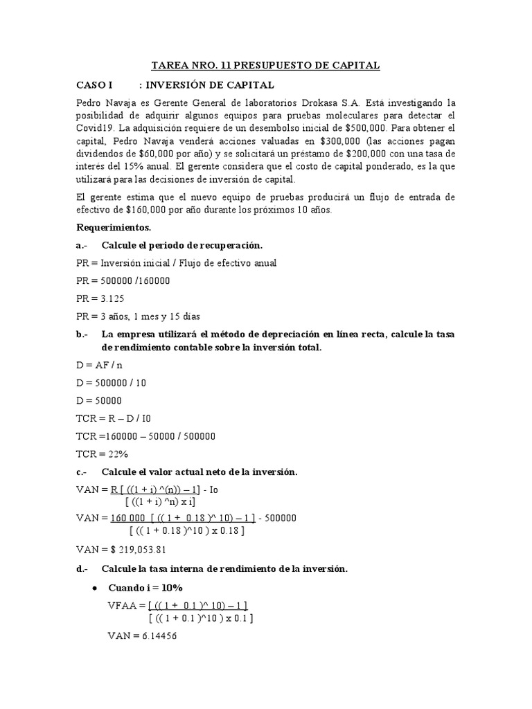 Tarea 11 - Presupuesto de Capital | PDF | Valor presente neto | Amortización (Negocio)